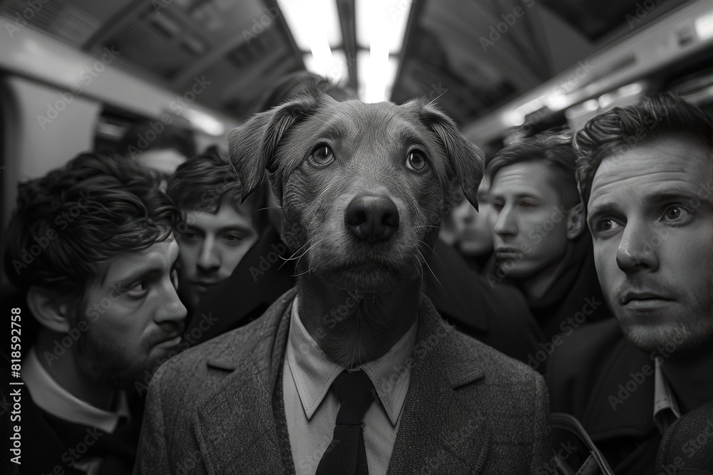 Surreal black and white photo of a dog in a suit standing on a crowded ...