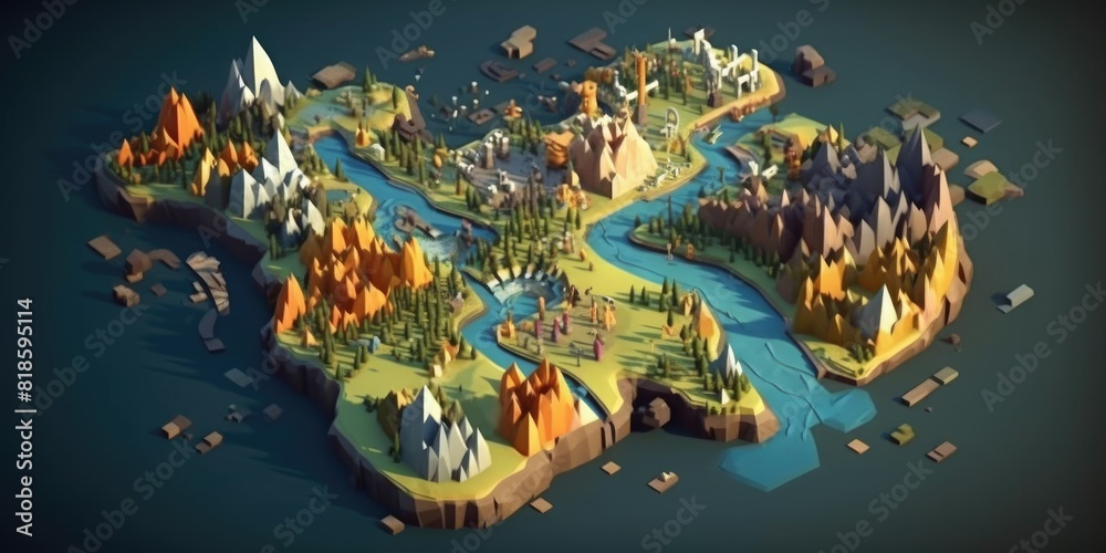 Foto de Stylized low-poly 3D map with a river winding through colorful ...