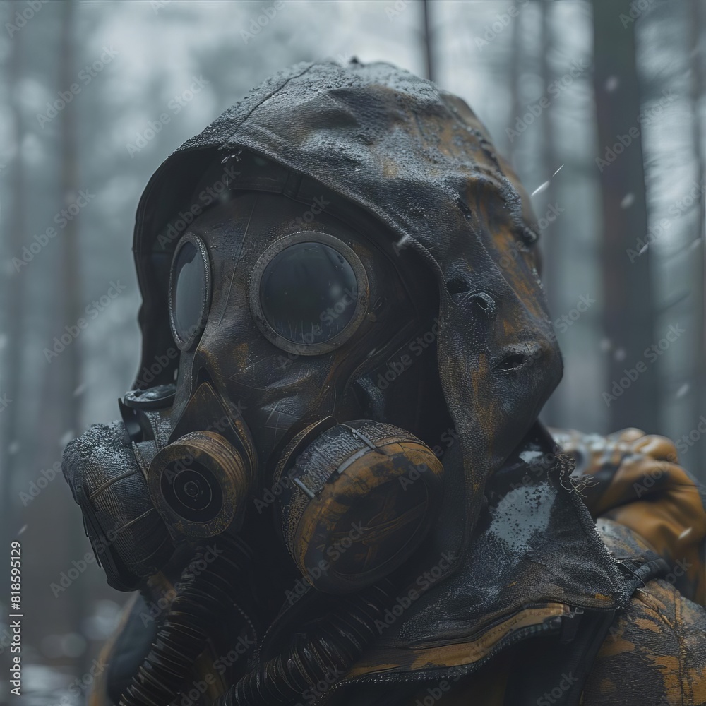 A soldier in a gas mask stands in the middle of a forest. The gas mask ...