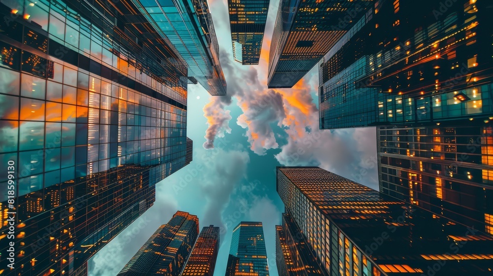 Urban landscape with skyscrapers turned upside down, reflecting surreal ...