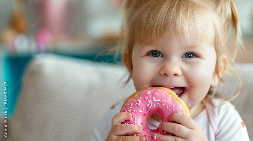 copy space, stockphoto, happy caucasian toddler eating a donut ...