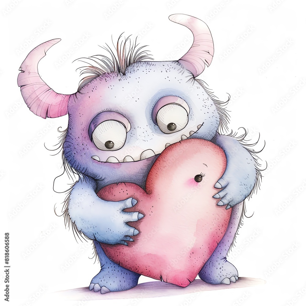 A cute cartoon monster is hugging a pink heart. The monster is purple ...