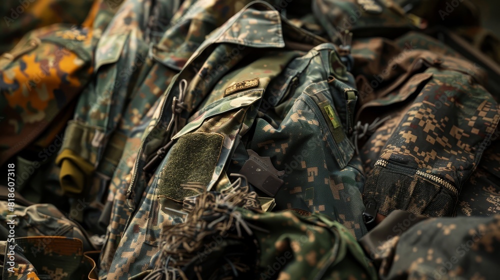Pile of soldiers' uniforms in close-up, mixed camouflage styles ...