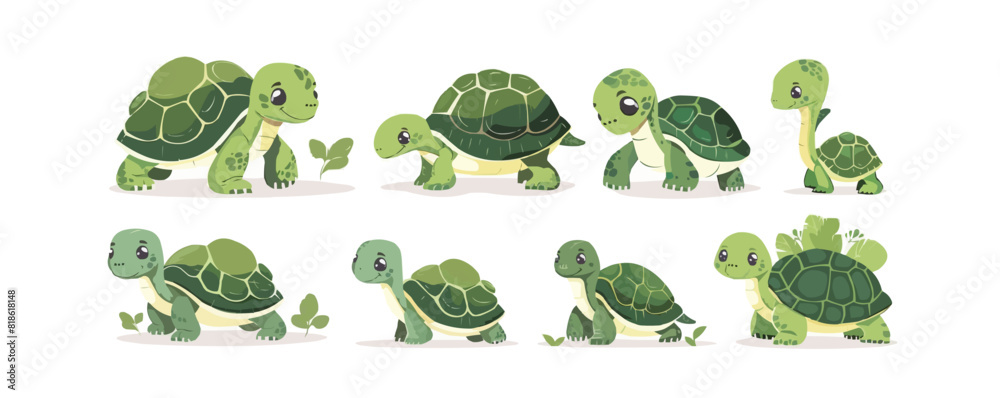 Cute Turtle with Shell and Short Feet Engaged in Different Activity ...
