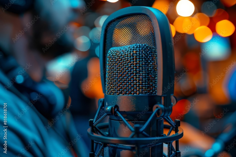 A professional-looking microphone is sitting on a stand in a recording ...