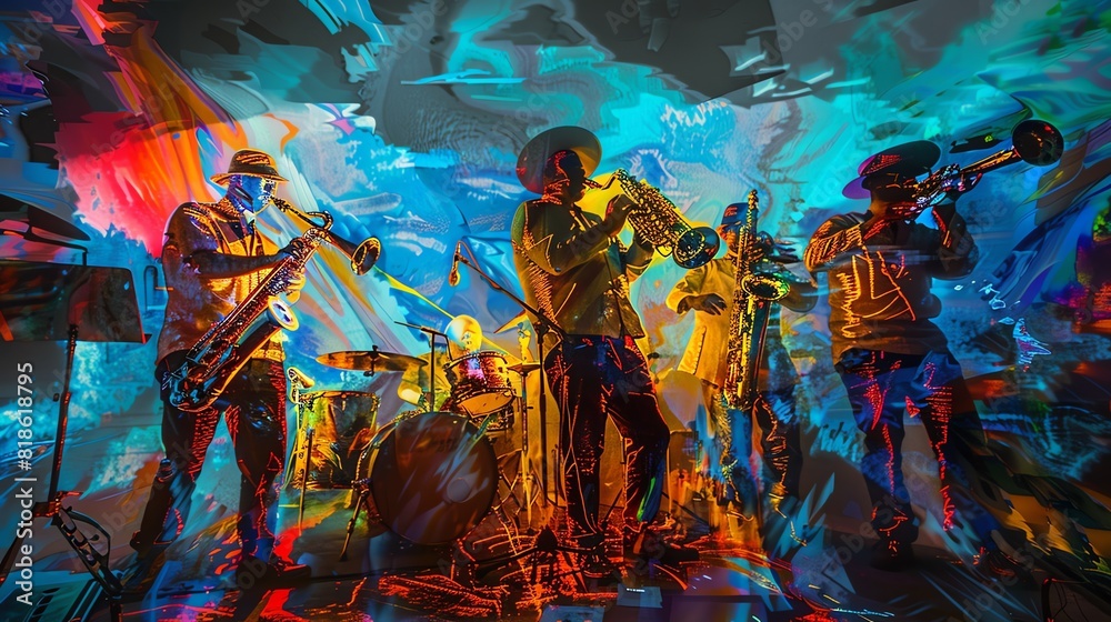 Striking worms-eye view, avant-garde jazz band with vibrant musical ...