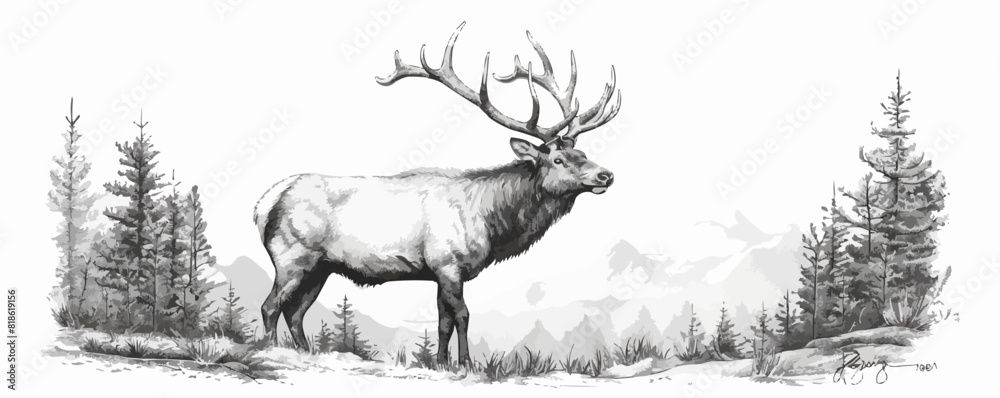 elk Engraving style. Simple pencil drawing. vector simple illustration ...