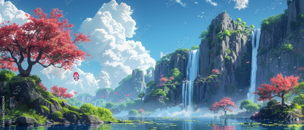 8-bit pixel art. Waterfall between two cliffs, beautiful greenery and ...