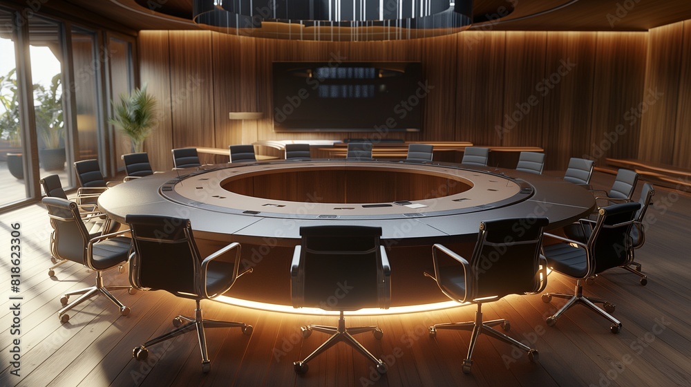 A conference room featuring a circular table with built-in power ...