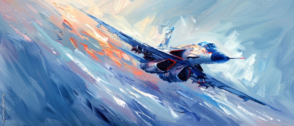 Dynamic painting of a jet fighter in flight, with bold brush strokes ...