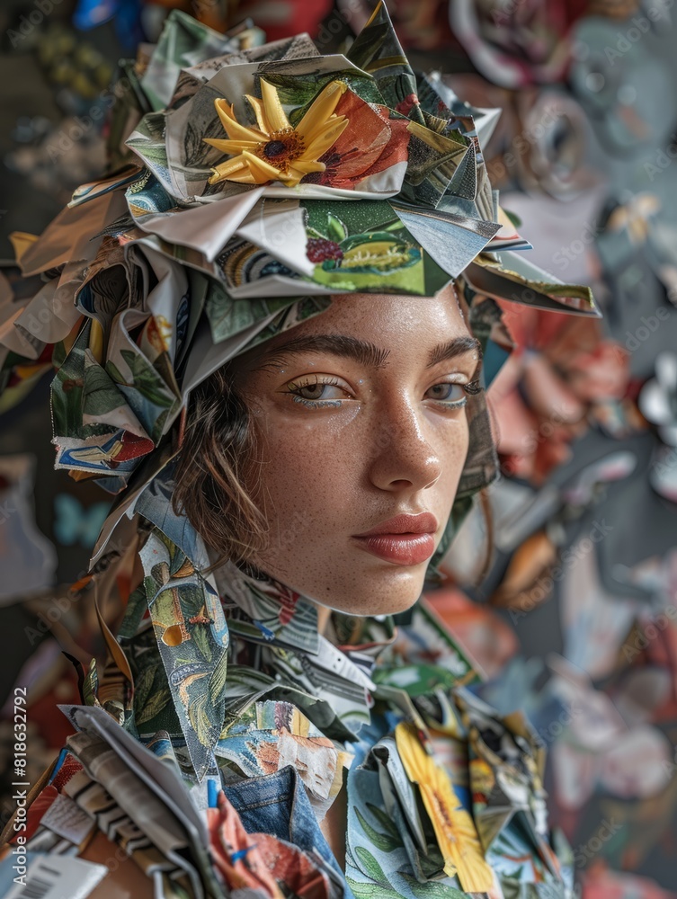 Modelo cara tapada con ropa tendencia upcycling, activismo moda ...