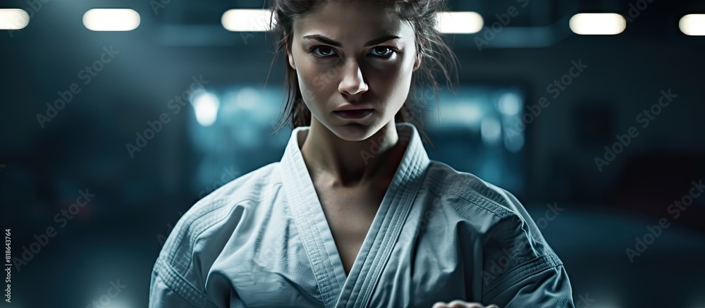 A female fighter poses in a karate stance against a composite indoor ...