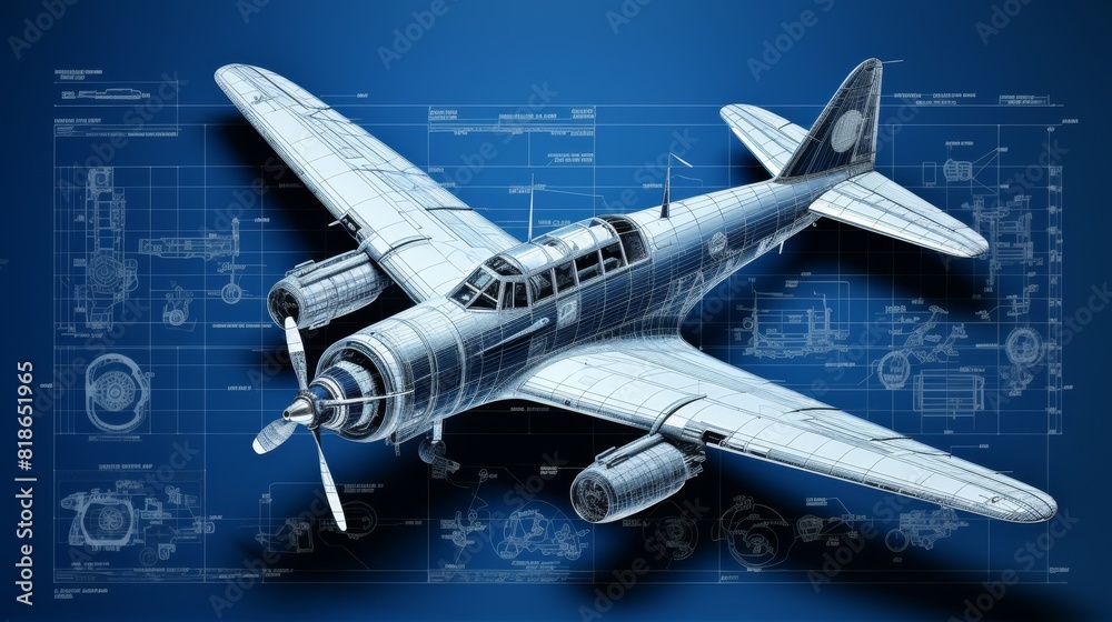Technical blueprint of an airplane on a blue background Stock ...