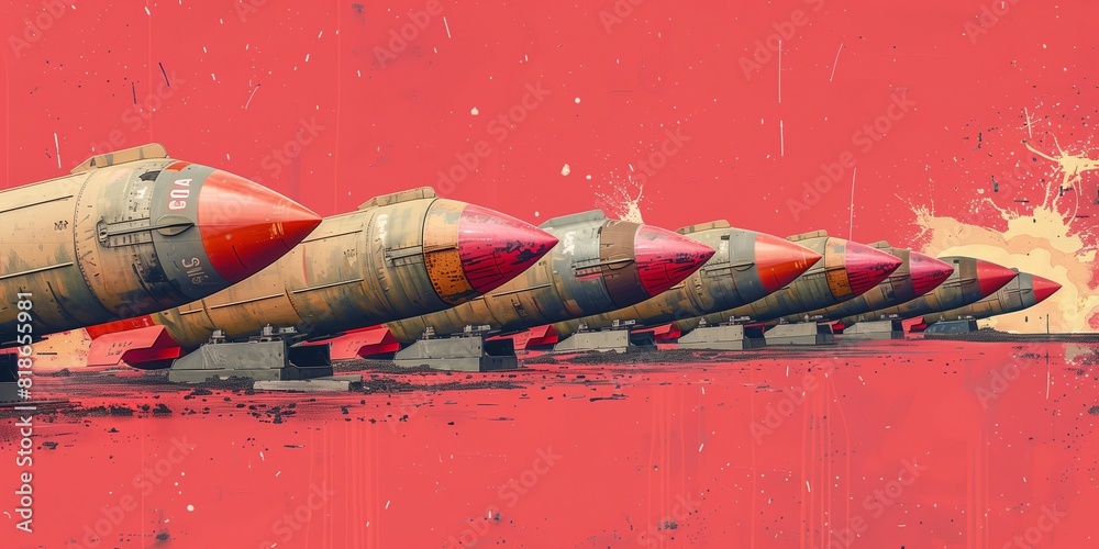 Line of old nuclear missiles with red tips against a red textured ...