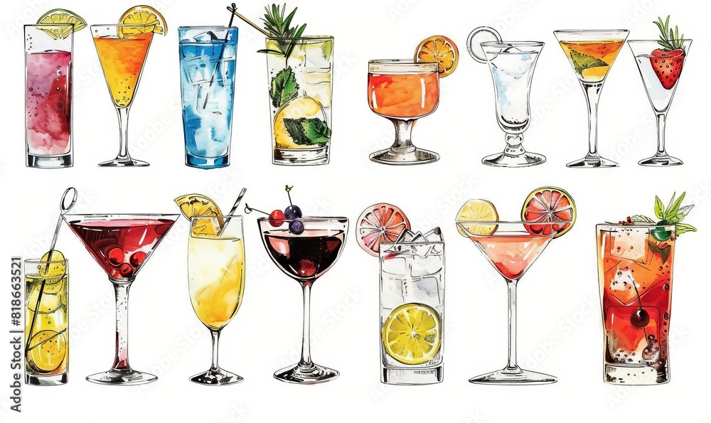 collection of various cocktail glasses and cocktails, clip art style ...