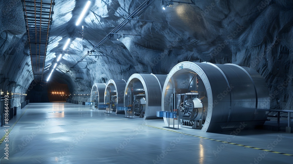 An underground cavern facility storing compressed air, with turbines ...