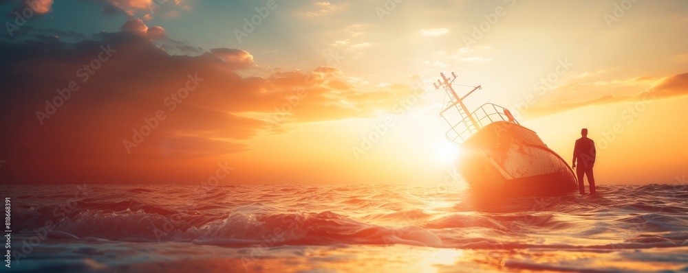 Bright and minimalistic depiction of a sinking ship with crew members ...