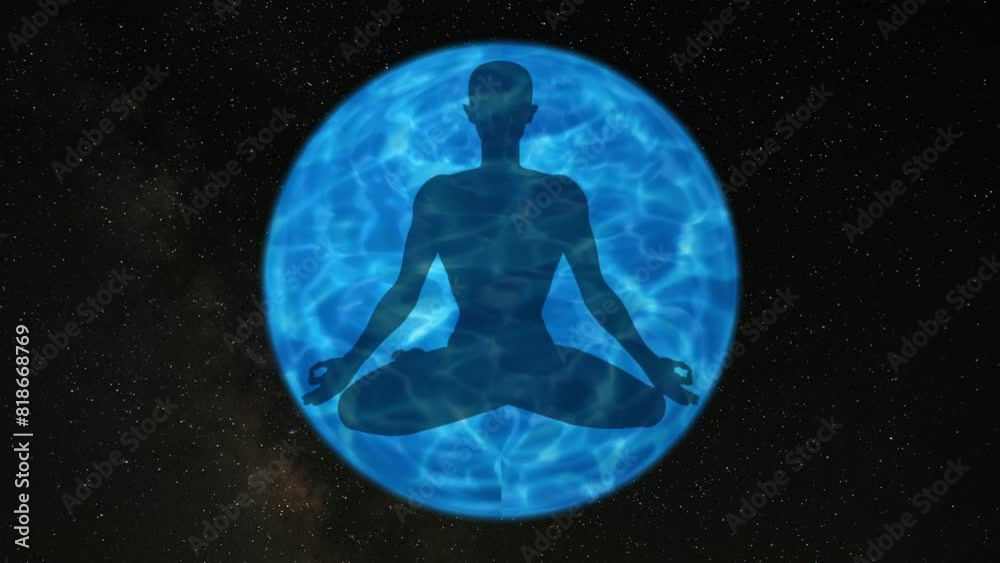 Human figure in lotus yoga pose with blue water planet in background ...