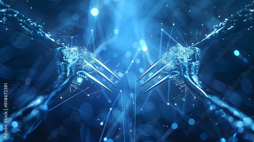 A blue and white image of two hands holding a fork with water dripping ...