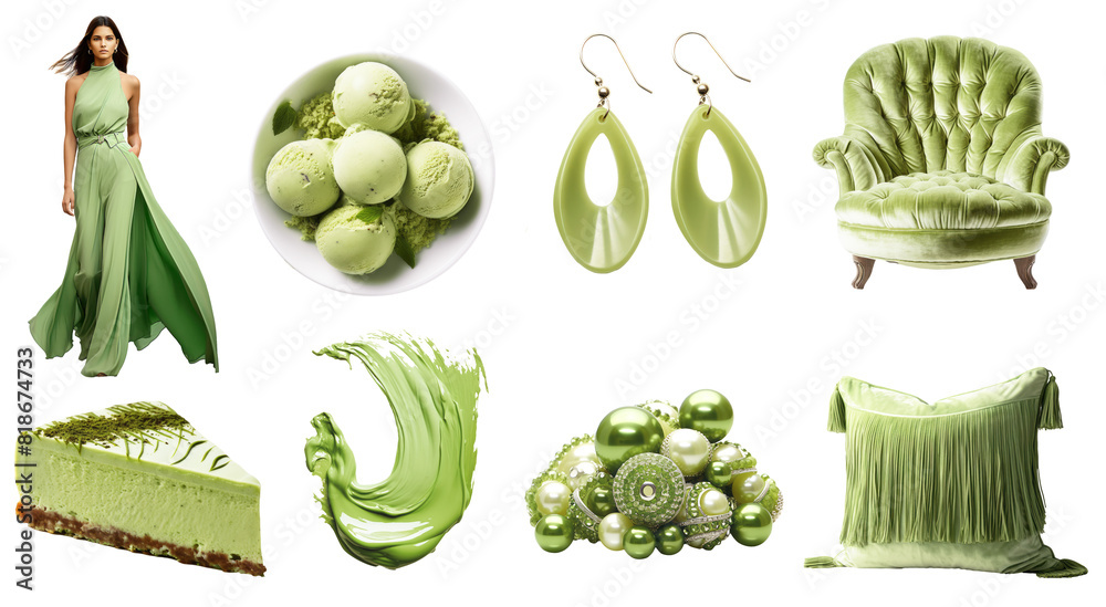 Set of matcha colors trends fashion aesthetic model and objects on png ...