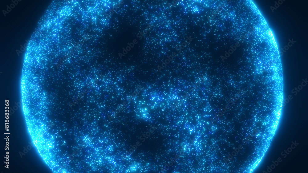 Glowing electric blue particles in shape of sci-fi sphere on black ...