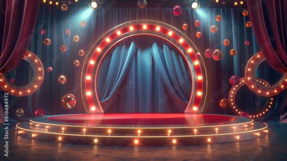 Circus stage podium background 3D carnival light red show curtain ...