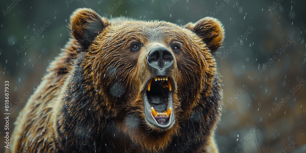 In the wild, an aggressive grizzly bear displays its dangerous nature ...