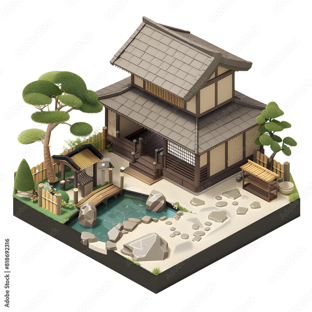 Isometric clean pixel art Traditional Japanese House With Serene Garden ...