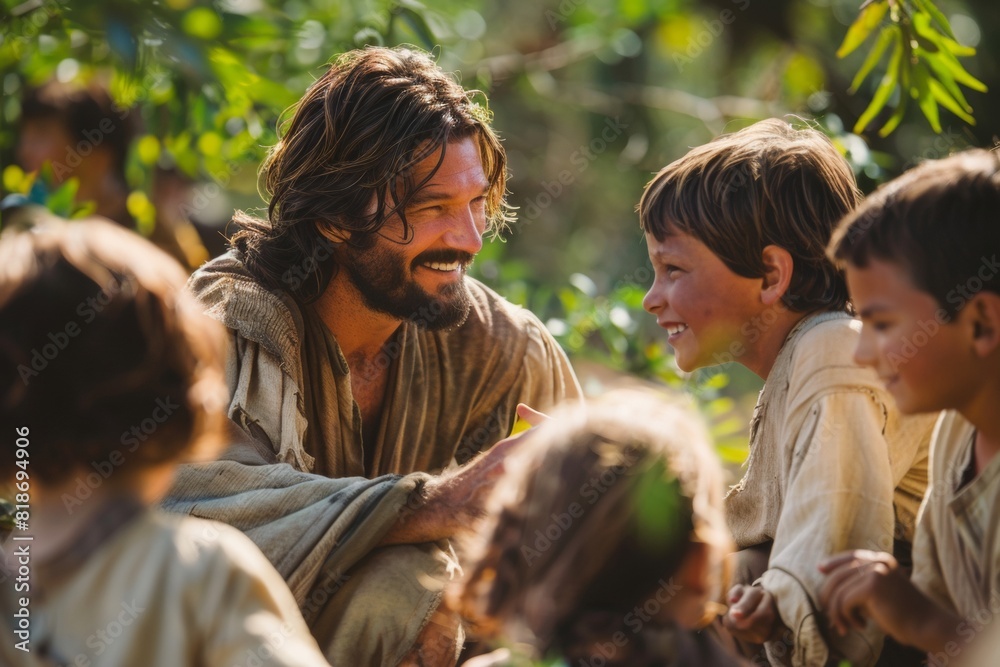 Jesus Christ smiling and talking to children, he is sitting on the ...