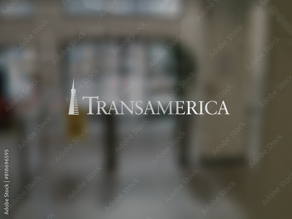 May 18th 2024, White logo of Transamerica on a window, Transamerica ...