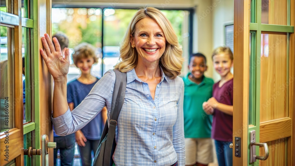 Teacher Welcoming Students – 16:9 Ratio: Portrait of a warm, smiling ...