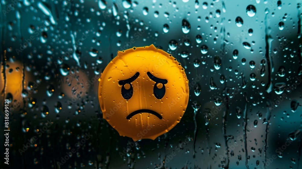 A crying face emoji with tear drops falling against a rainy window ...