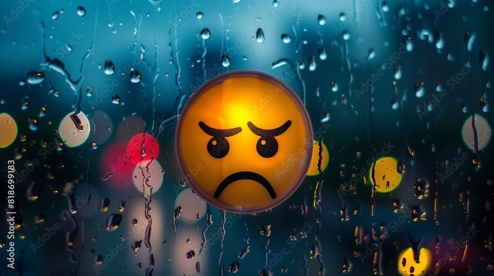 A crying face emoji with tear drops falling against a rainy window ...