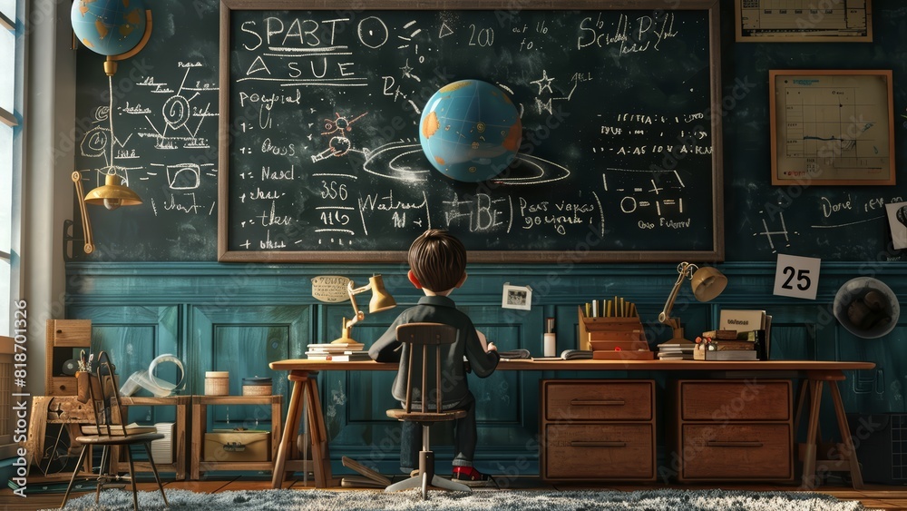 back view of a boy pupil, studying at a desk in a classroom on a ...