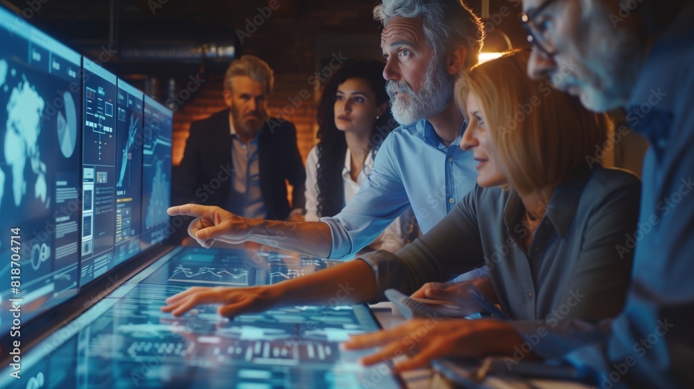 A group of diverse people collaborating on a digital project using ...