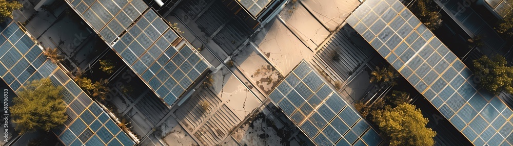 An aerial view of a large solar panel array. The panels are arranged in ...