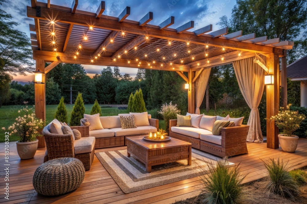 Luxury Outdoor Lounge Area. Patio With Pergola, Wicker Furniture ...