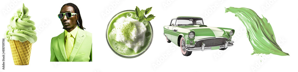 Set of trend colors matcha green fashion aesthetic model and objects on ...