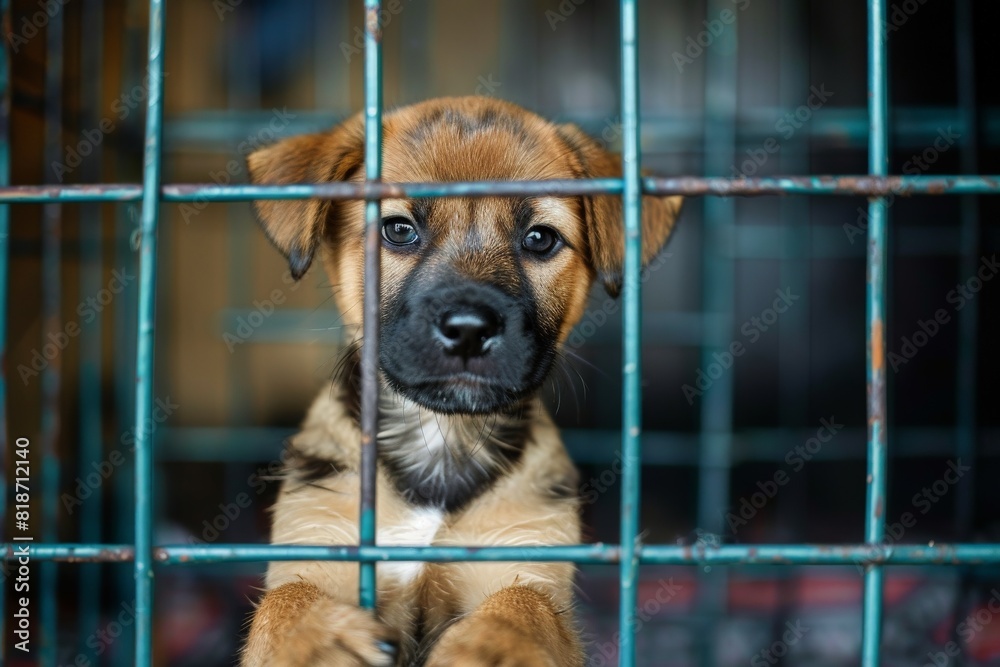A white-red dog in a shelter for homeless animals stands behind the ...