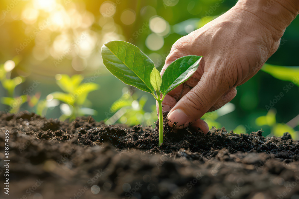 Hand planting a young tree in fertile soil, symbolizing reforestation and carbon offset, close ...