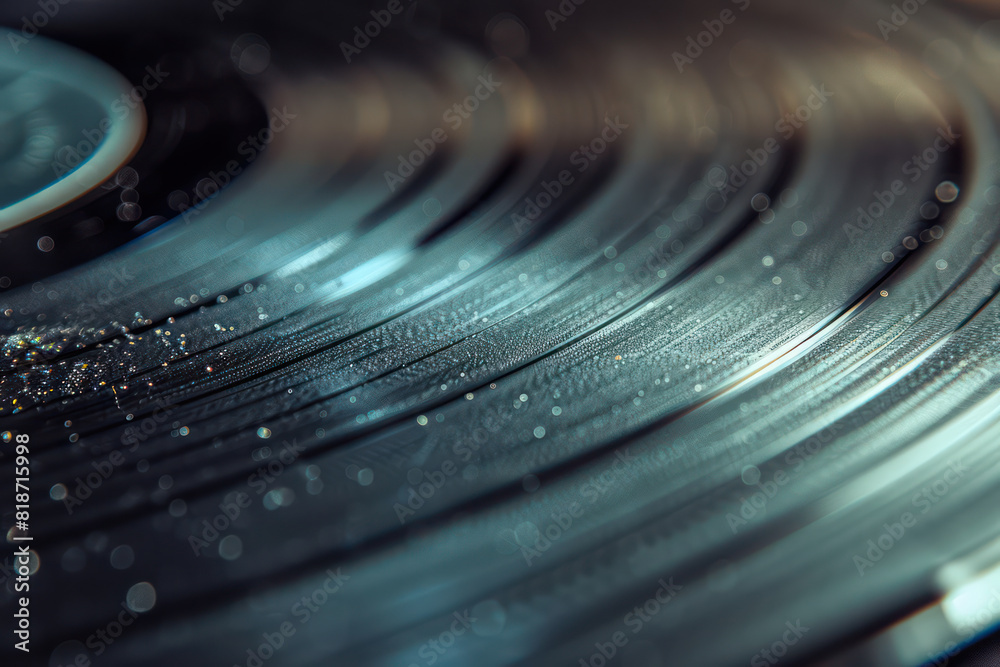 Surface texture of a vinyl record scratched under high magnification, showing grooves and dust ...