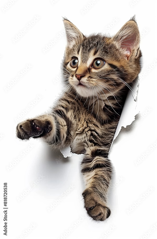 Kitten peeking out of white torn paper, Kitten in hole of paper, Little ...