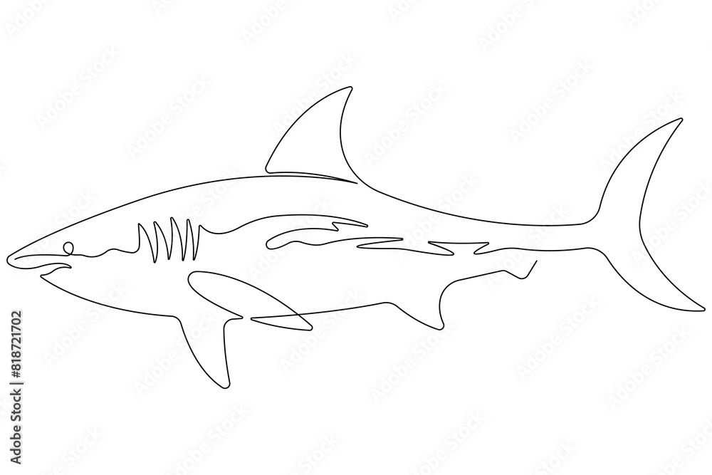 One continuous single line art drawing of shark sea fish underwater ...