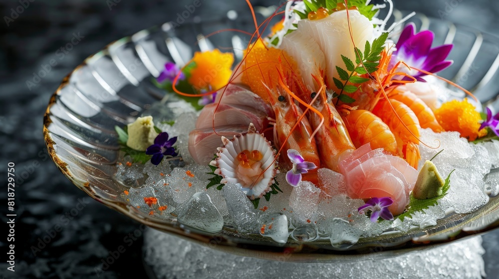 High angle view of a luxurious seafood sashimi tower with shrimp ...