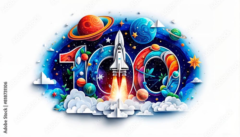 Colorful “100” design featuring planets, rockets, and stars in a space ...