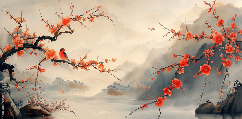 Traditional eastern art. Ink painting. Zen. ancient scroll. Fantasy ...