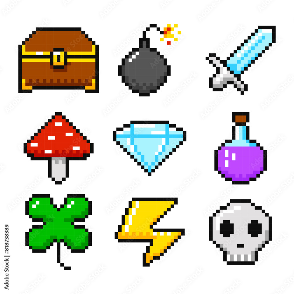 Pixel art gaming items icons set, 8-bit game resources. Stock Vector ...