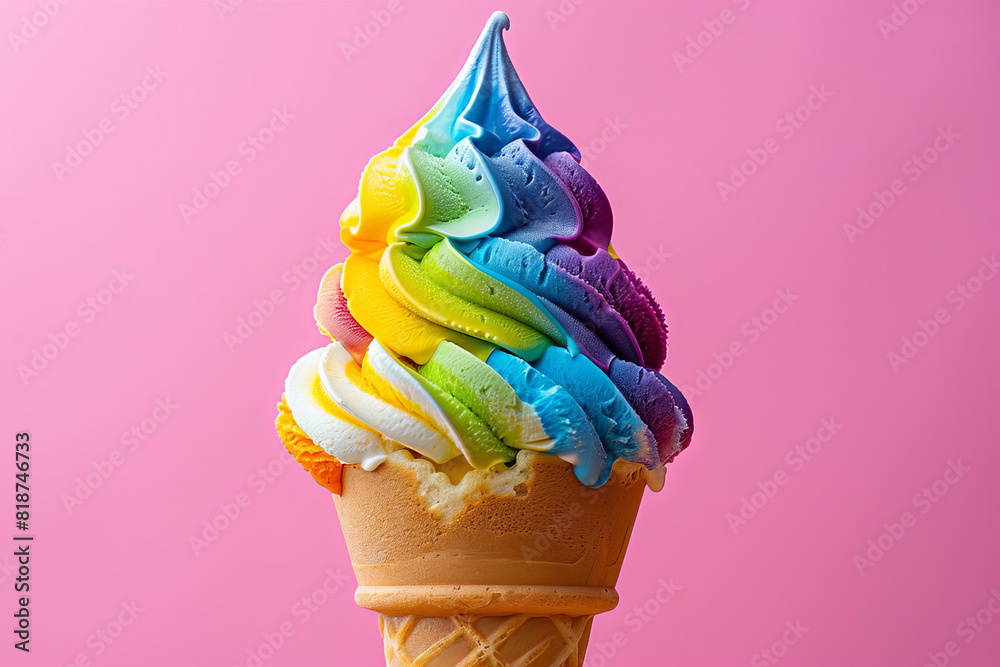 Rainbow-colored ice cream cone, close-up, playful and vibrant, pop art ...