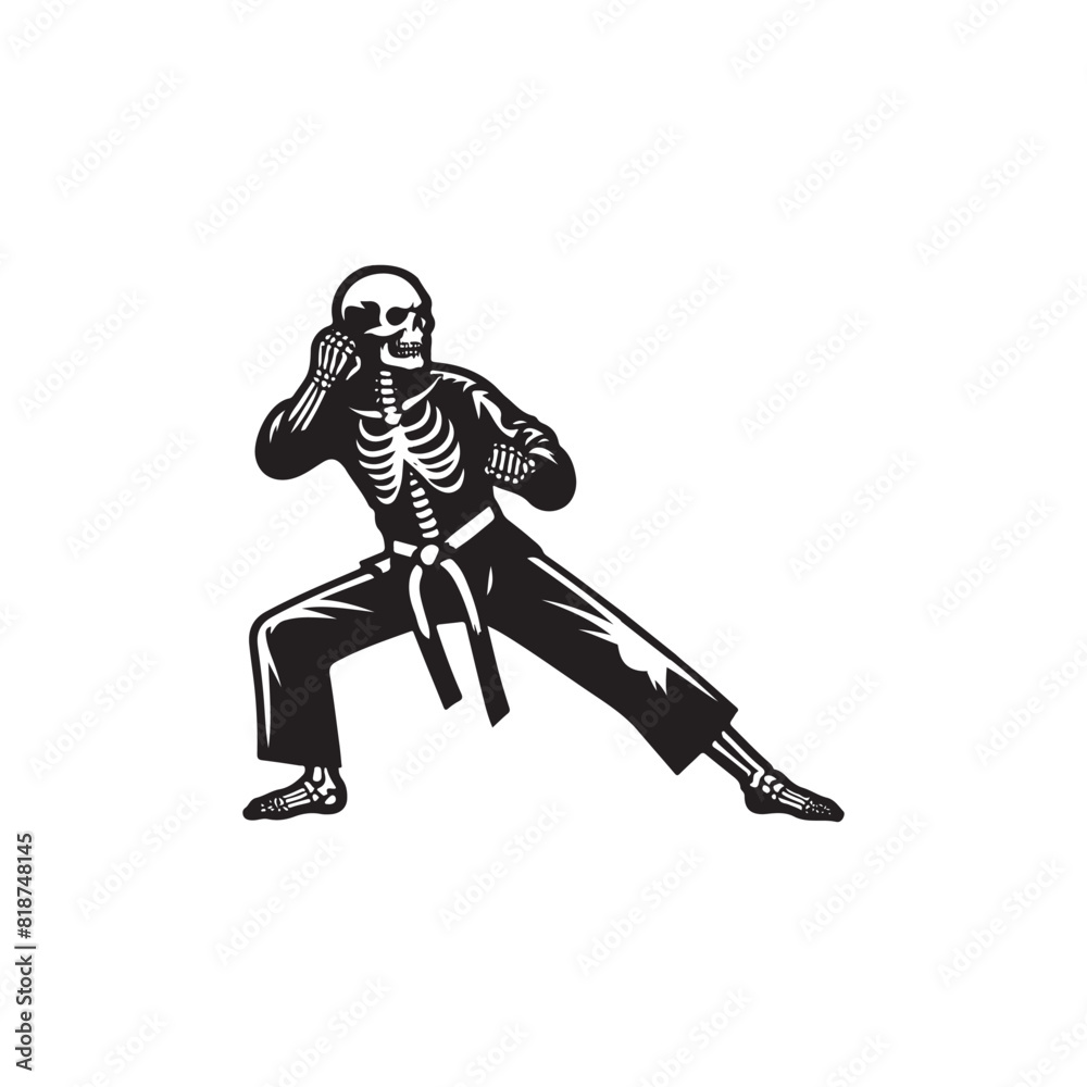 Skeleton skull karate fighter on fight mode vector, silhouette black and white color design ...