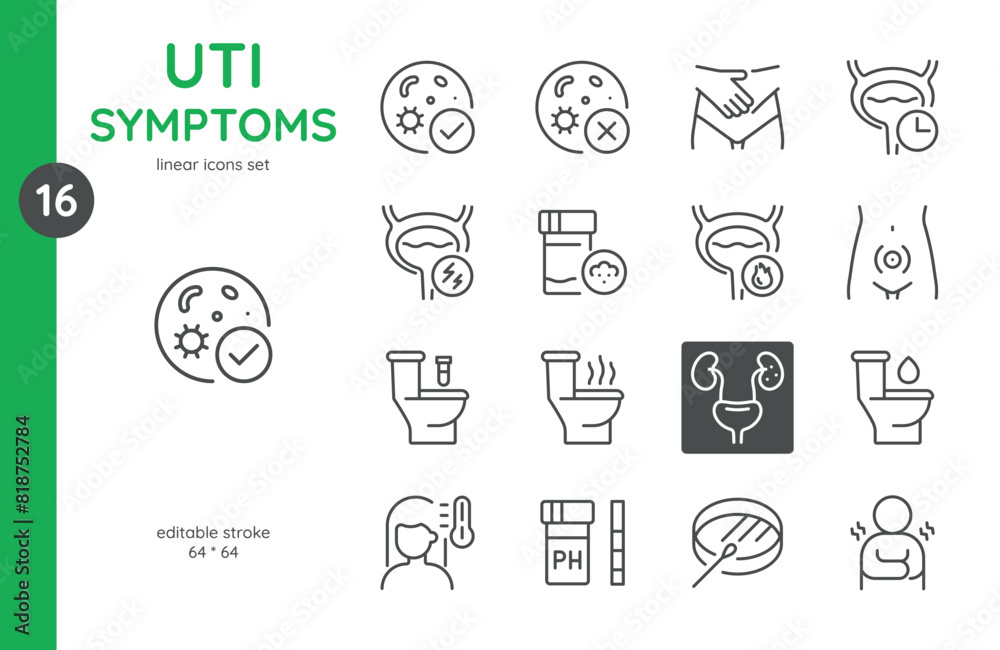 UTI Symptoms Icon Set. Linear Icons Depicting Various Symptoms of ...